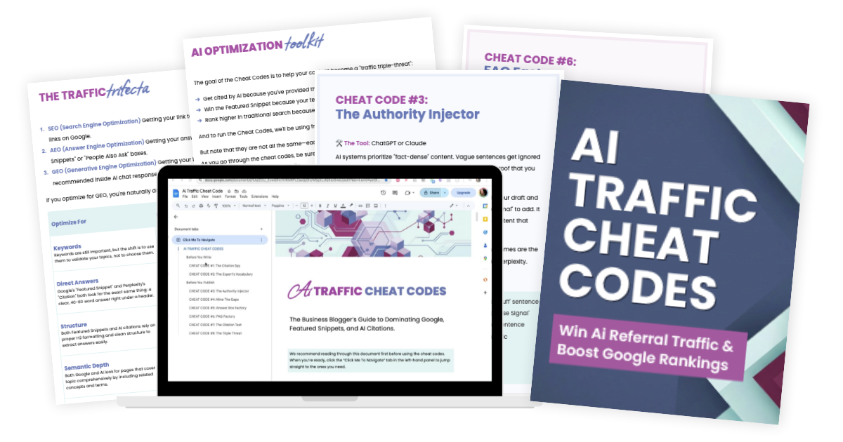 FREE Ai Traffic Cheat Codes: AEO, GEO, and SEO Prompts for Business Bloggers | ConversionMinded
